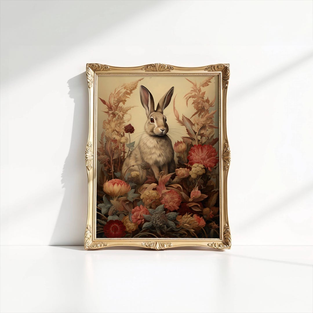 Rustic Cottagecore Rabbit Unframed Poster | Vintage Floral Print ...
