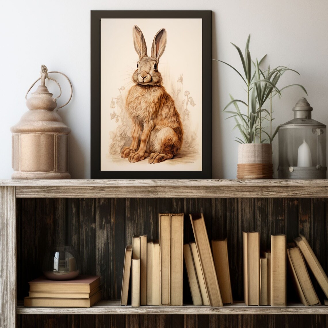 Vintage Brown Bunny Painting Floral Rabbit Portrait Animal Art Print ...