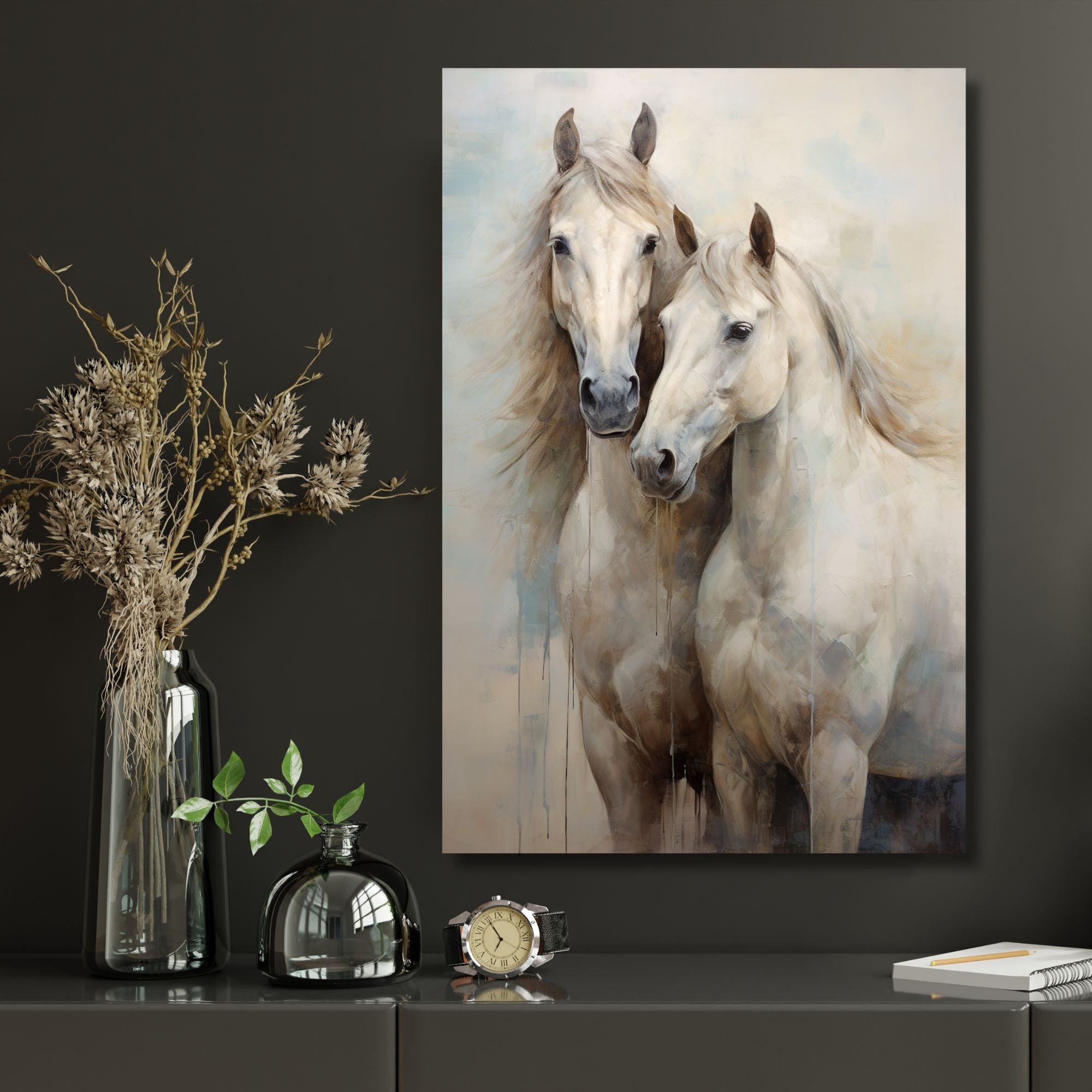 Enchanted Love Ethereal White Horses Painting - Nature-inspired Decor ...