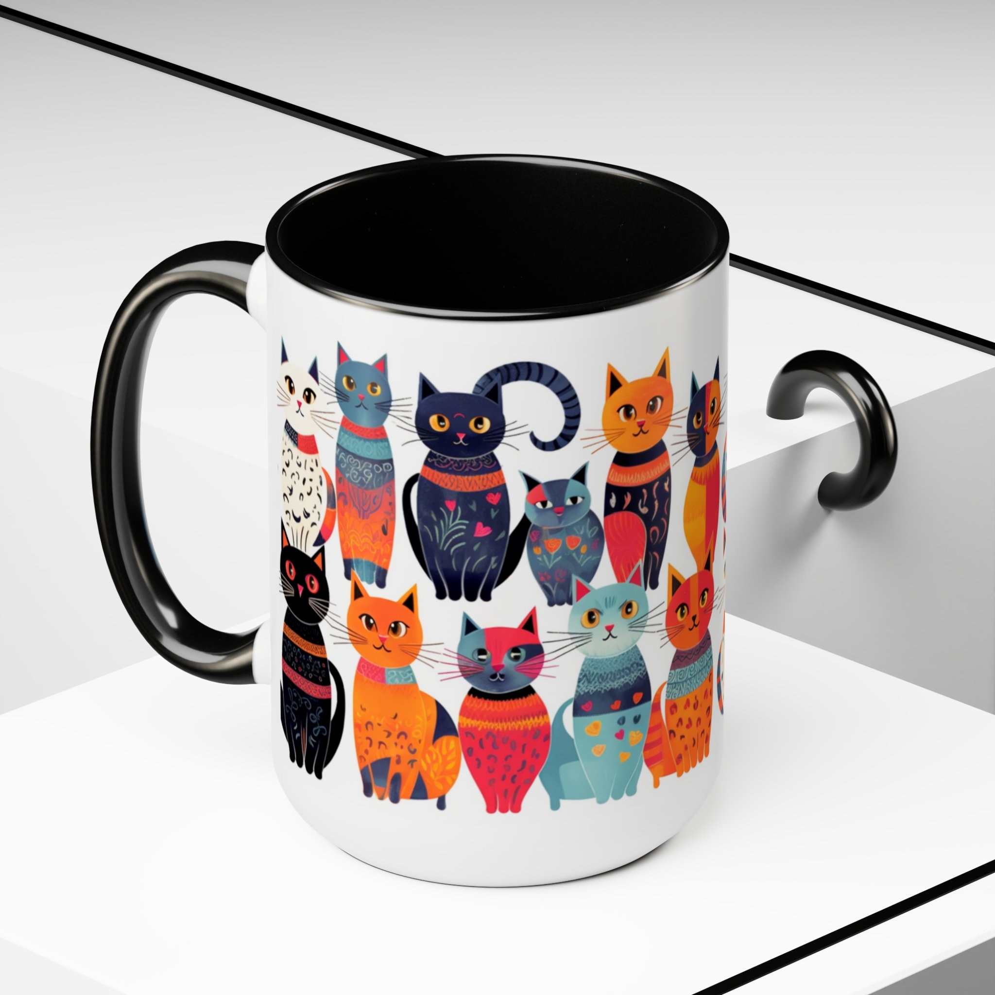 Whimsical Cat Coffee Cup 15 Oz Ceramic Two-tone Mug Cat Variety ...