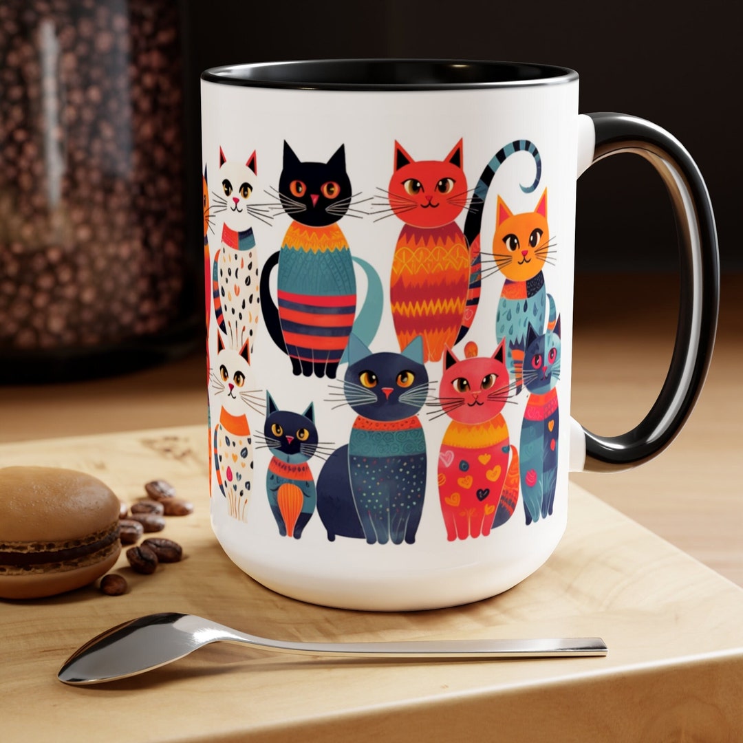 Whimsical Cat Coffee Cup, 15 Oz Ceramic Mug, Cat Variety Illustration ...
