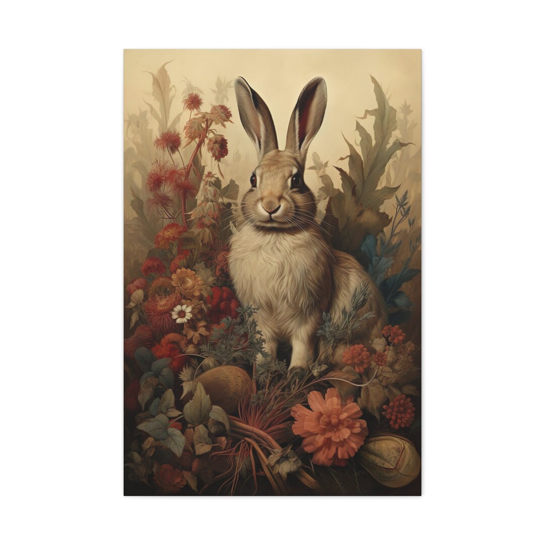 Vintage Cottagecore Rabbit Floral Canvas Botanical Gallery Wrap Print ...