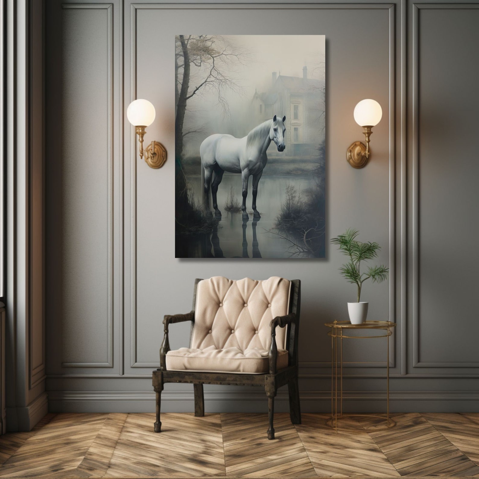 Enchanted White Horse by the Misty Mansion - Antique White Horse Oil ...