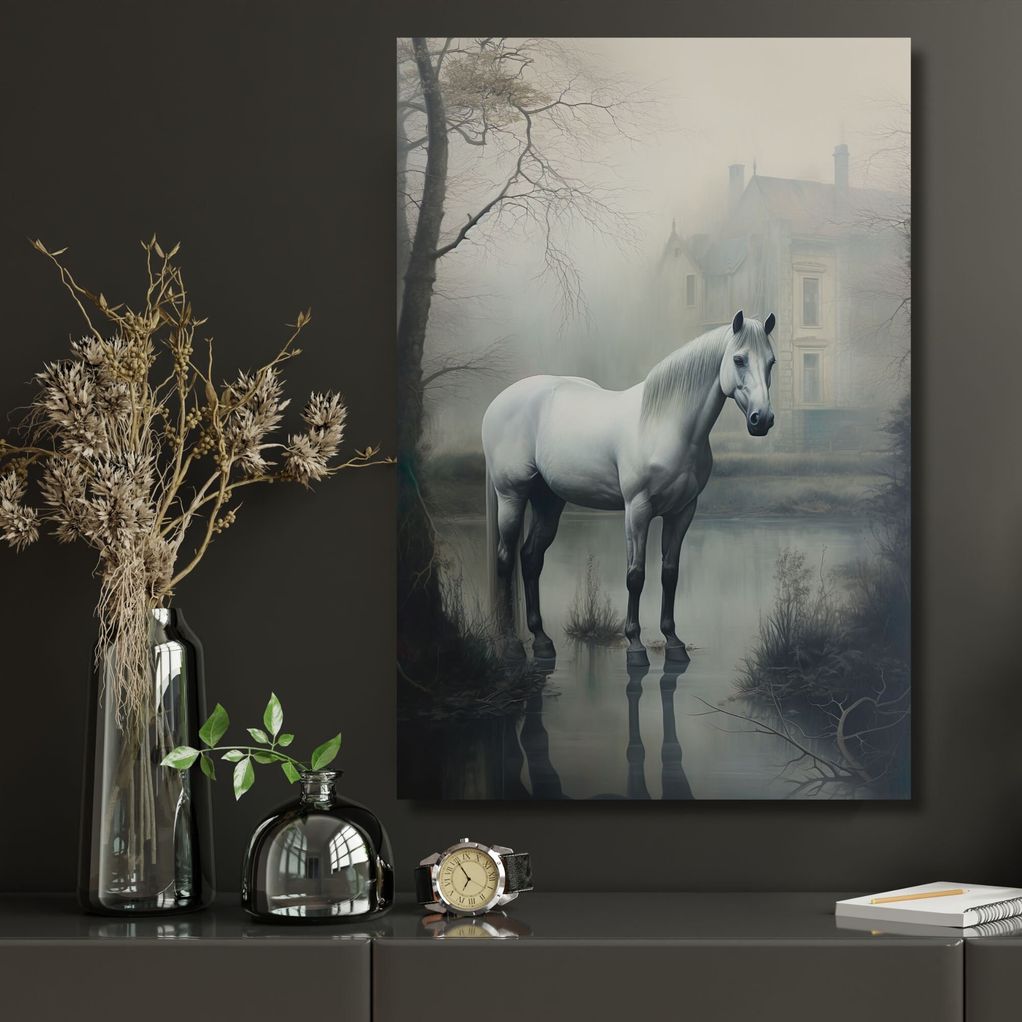 Enchanted White Horse by the Misty Mansion - Antique White Horse Oil ...