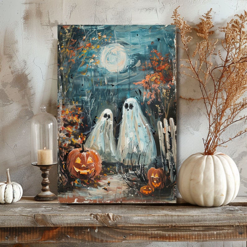 Retro Halloween Ghost Painting - Retro Halloween Decor Canvas Print ...