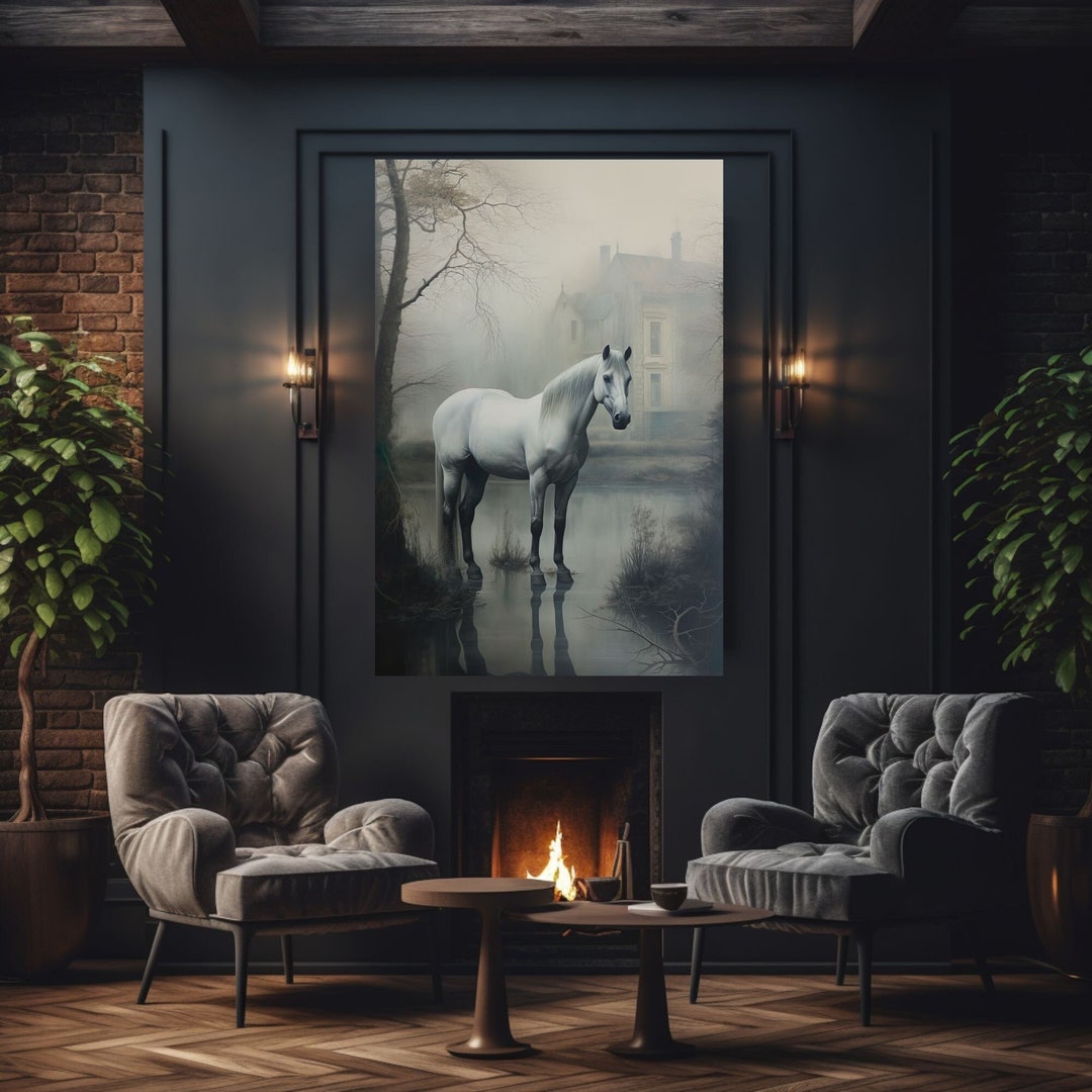 Enchanted White Horse by the Misty Mansion - Antique White Horse Oil ...