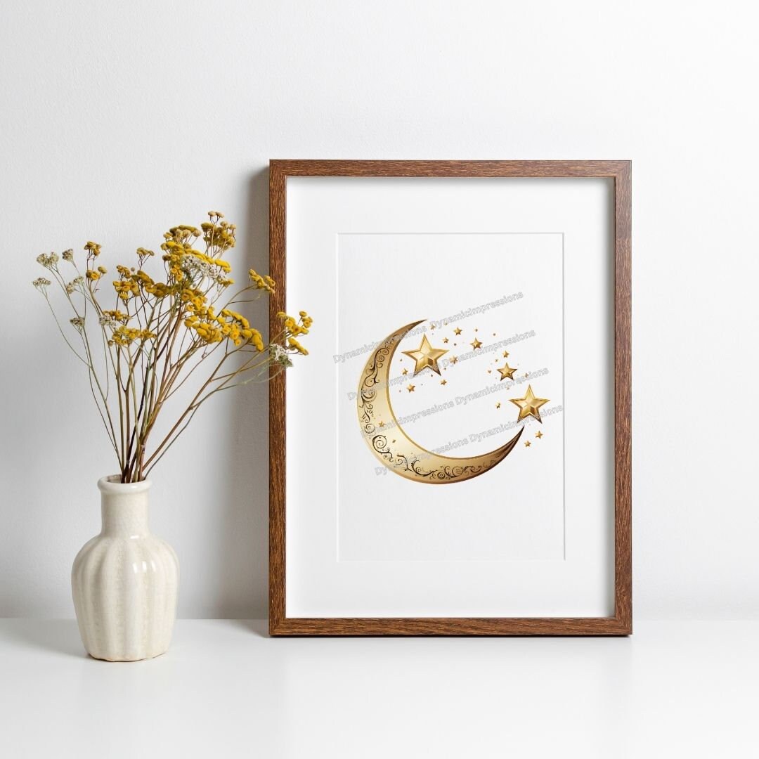 Celestial Clip Art Cosmic Night Sky Graphics Golden Crescent Moon and ...