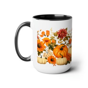 Fall Harvest Floral Pumpkin Mug | Autumn Themed 15oz Two-tone Ceramic ...