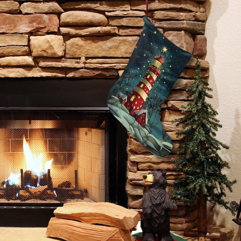 Winter Lighthouse Christmas Stocking - Festive Decor, Coastal Holiday ...