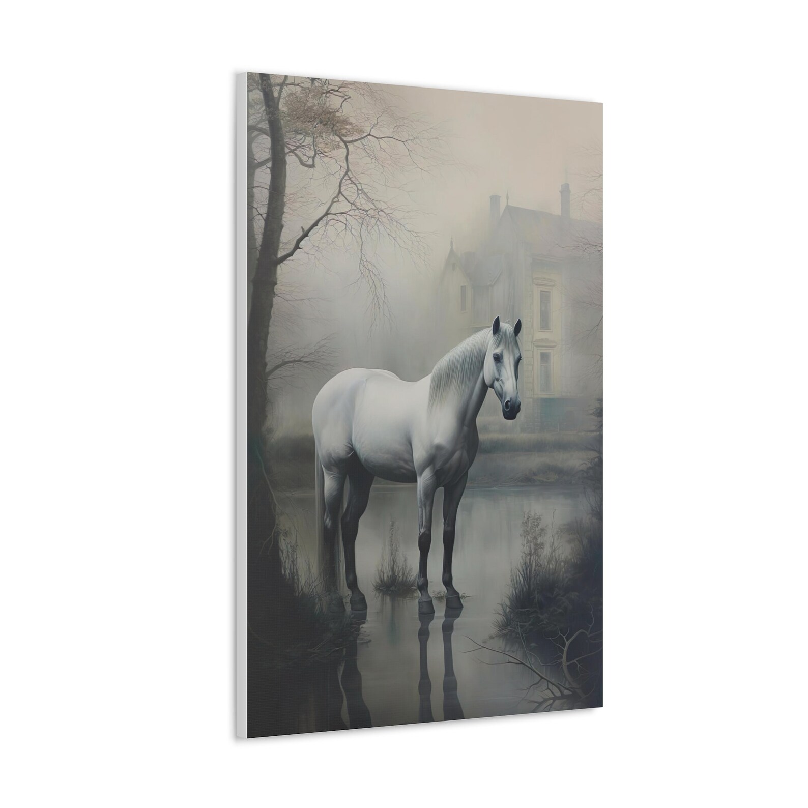 Enchanted White Horse by the Misty Mansion - Antique White Horse Oil ...