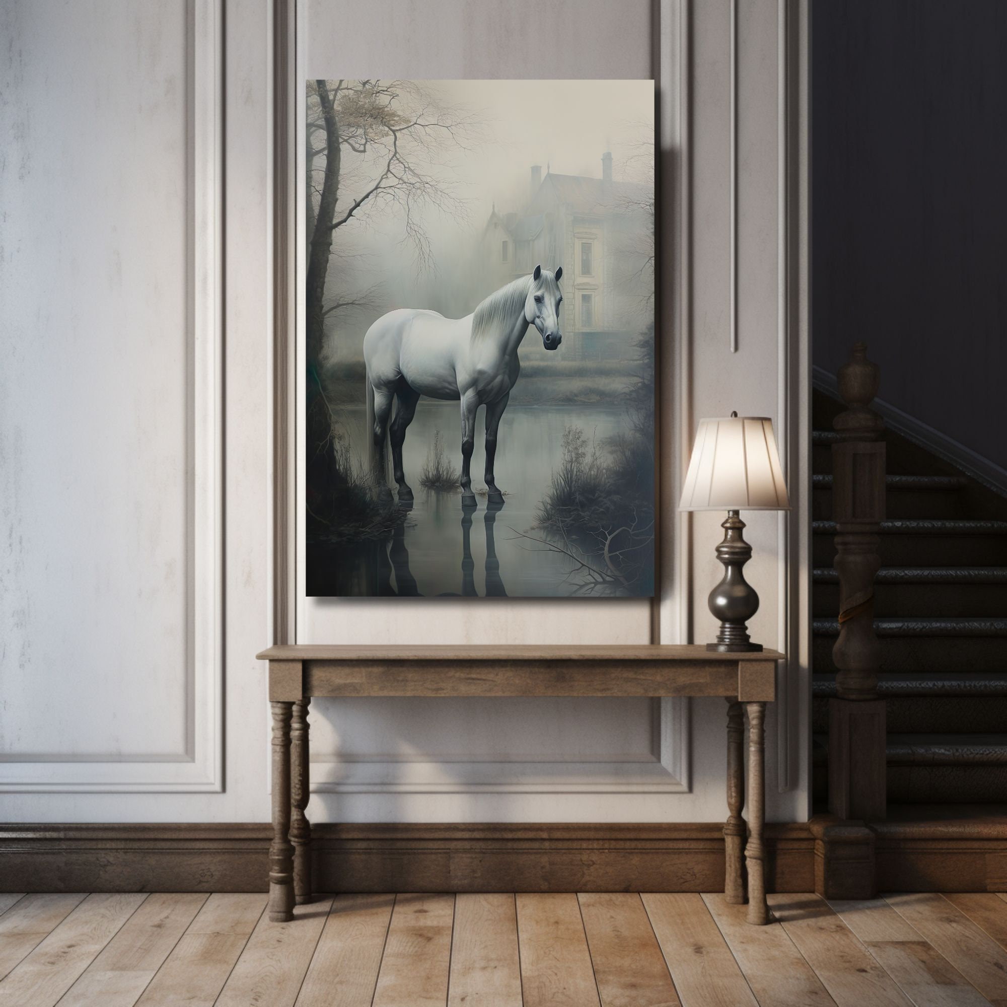 Enchanted White Horse by the Misty Mansion - Antique White Horse Oil ...