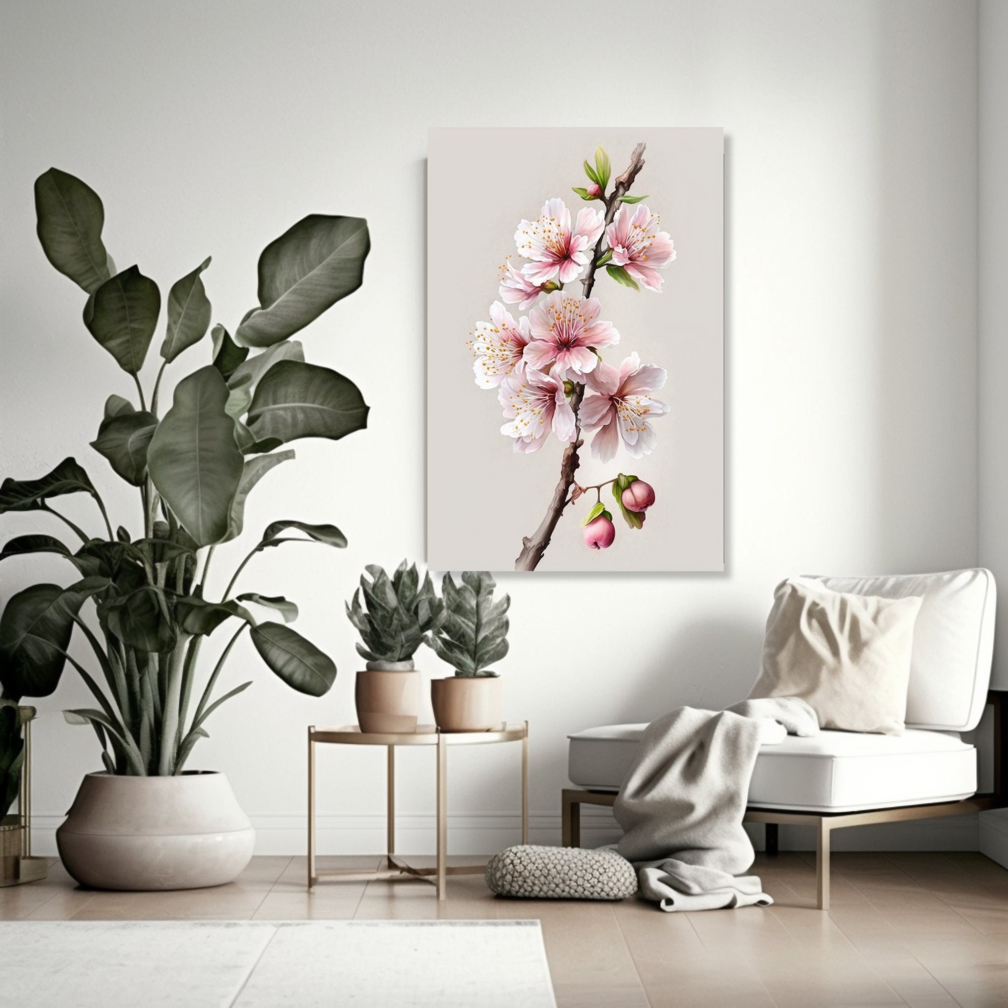 Watercolor Japanese Feng Shui Sakura Pink Cherry Blossom Branch Canvas ...