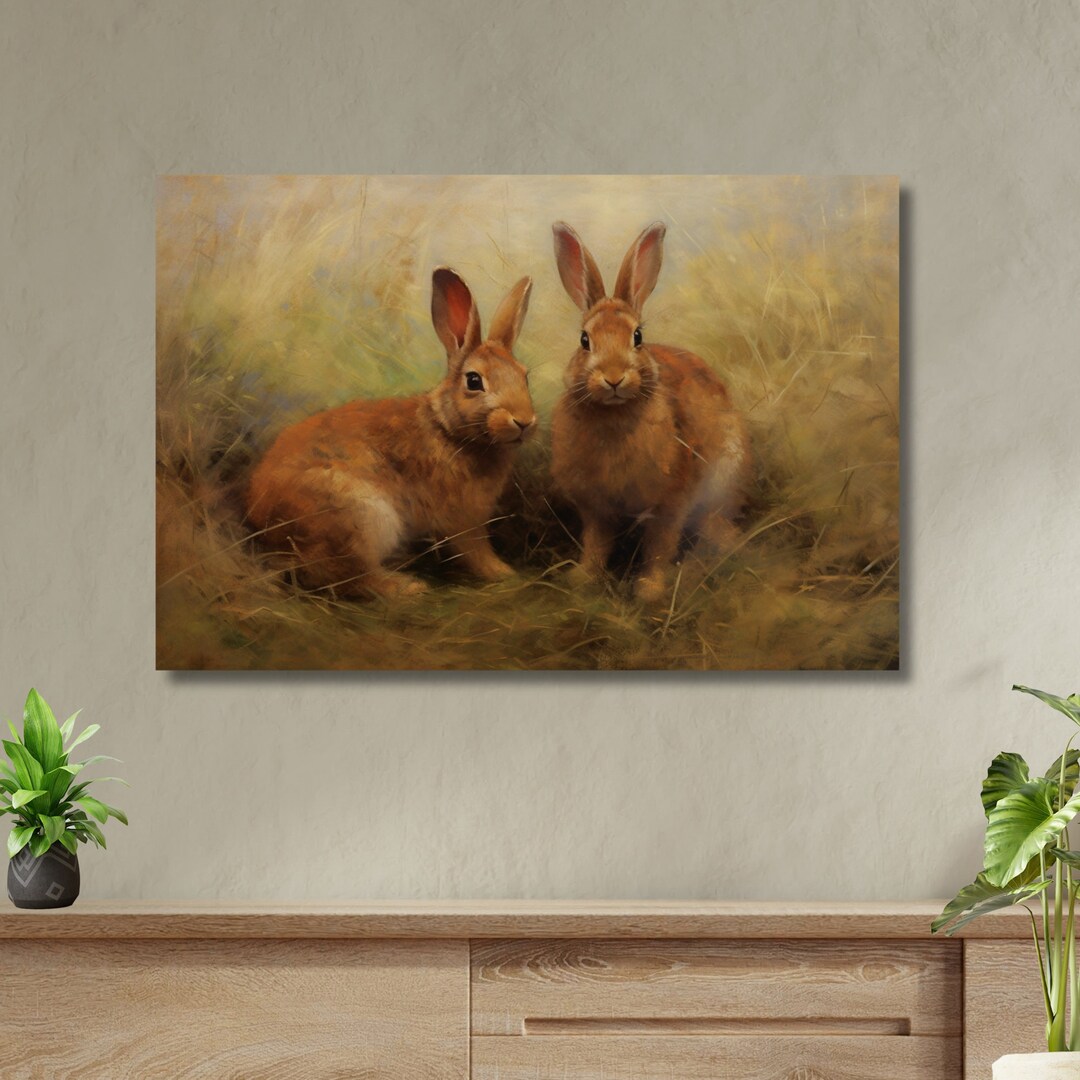 Victorian Rabbits Still Life Oil Painting Outdoor Grassy Canvas Print ...