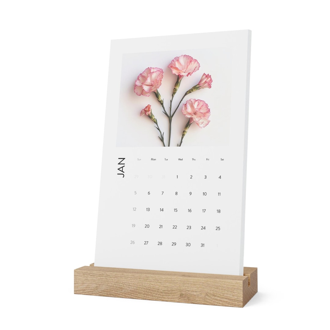 2025 Desk Calendar Birth Flower Art With Oak Wood Stand - Bright White ...