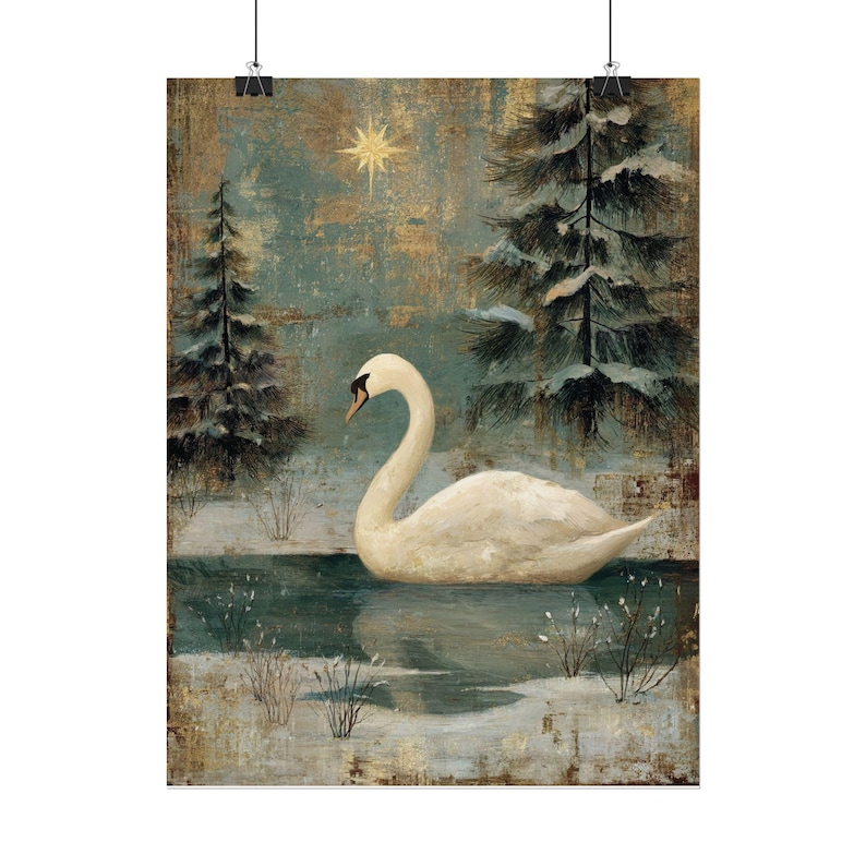 Vintage Christmas Swan Winter Holiday Wall Art Print, Rolled Poster ...