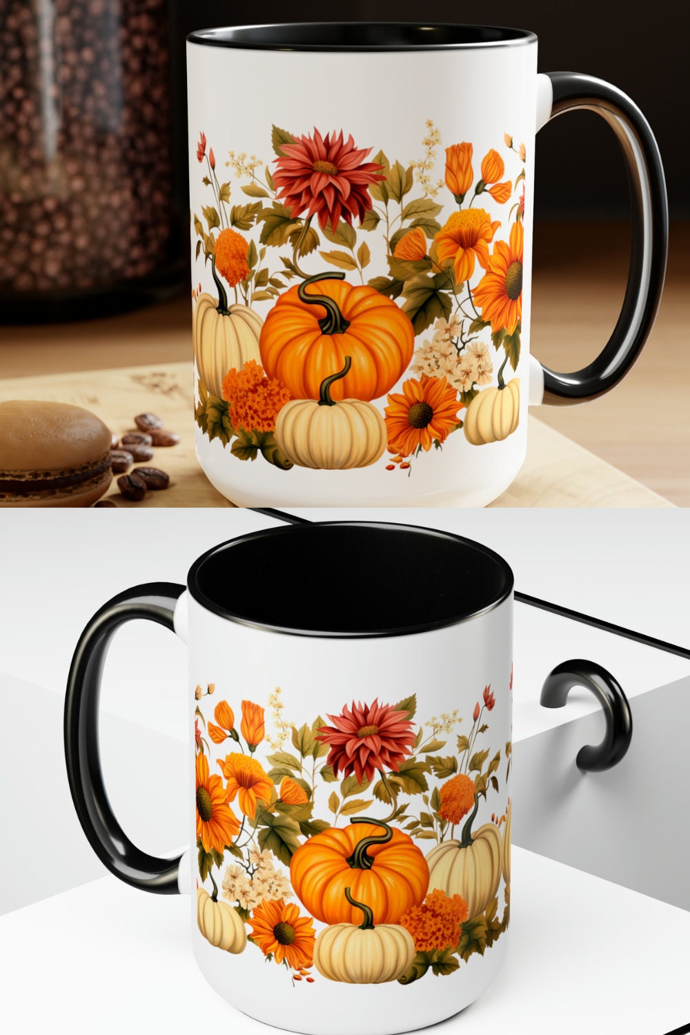 Fall Harvest Floral Pumpkin Mug | Autumn Themed 15oz Two-tone Ceramic ...