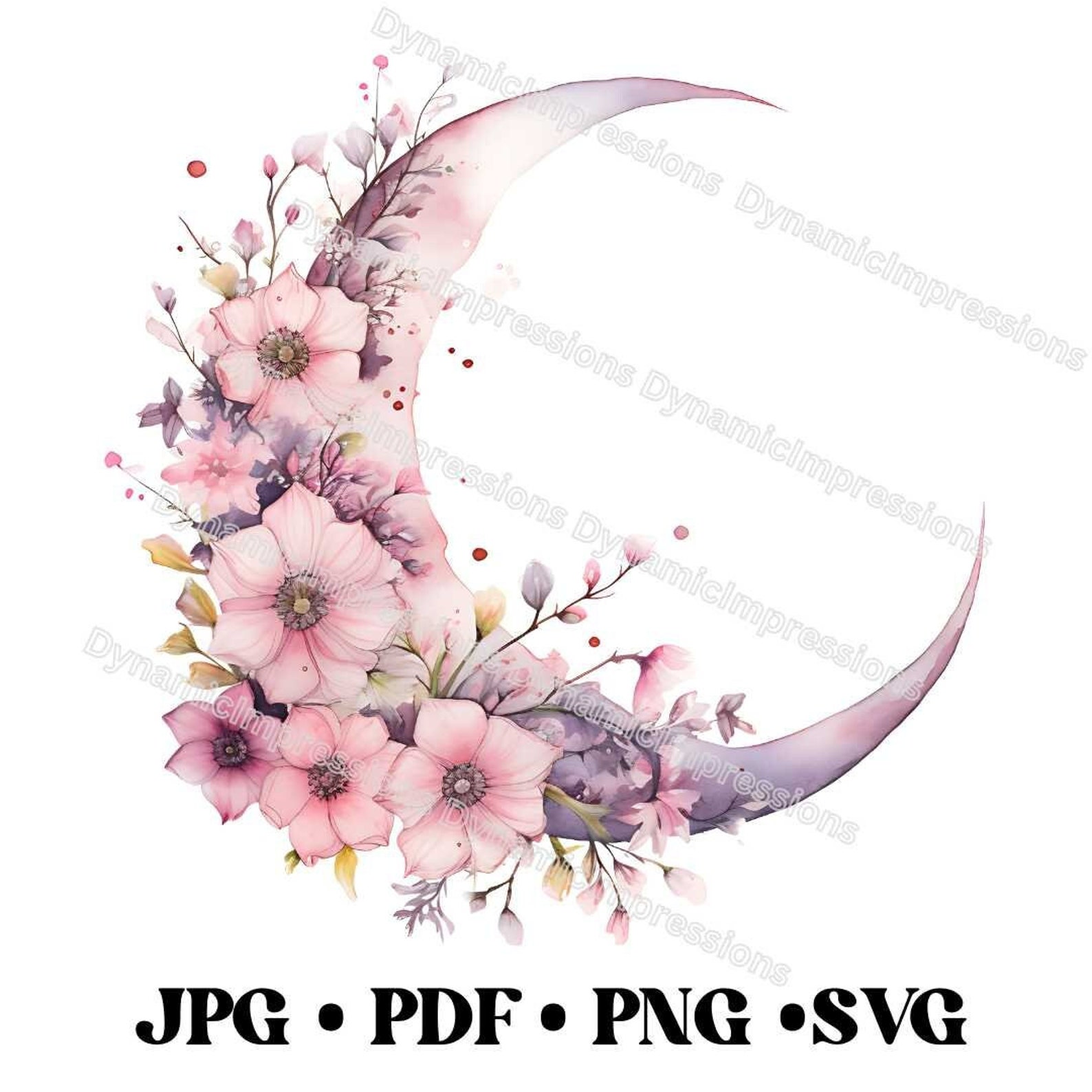 Pink Floral Crescent Moon Clip Art Celestial Lunar Design Instant ...