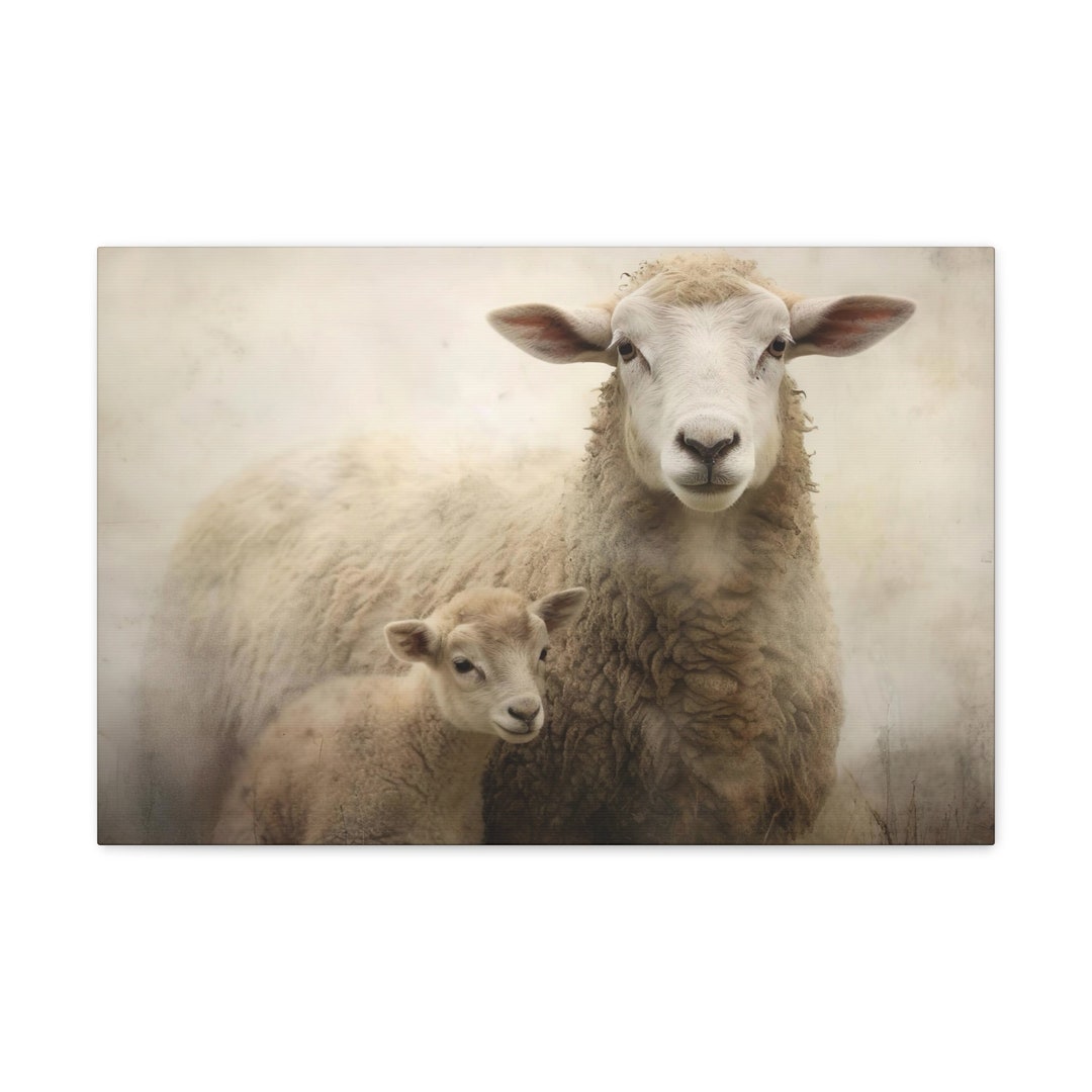 Antique Mother Sheep & Lamb II Farmhouse Animal Art Vintage Oil ...