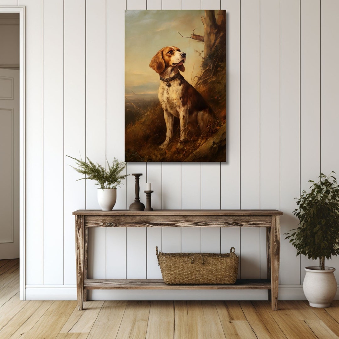 19th Century Hunting Dog by the Tree - Canvas Print - Large Oil ...