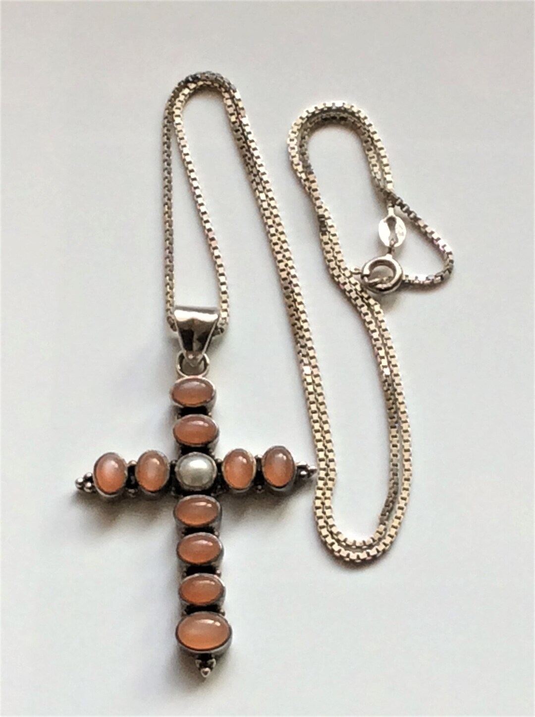 VTG Sterling NB India Cross Pendant Necklace Peach Moonstone Cabochons ...