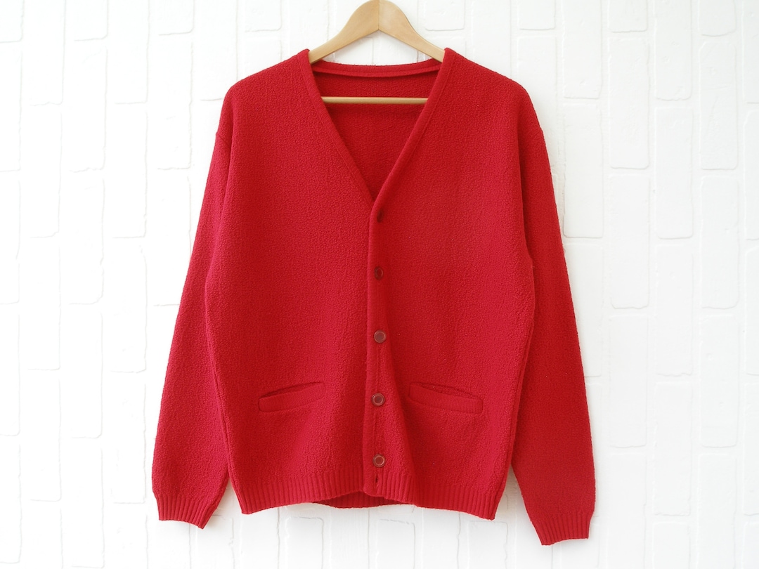 Vintage Men's Grunge Cardigan Bright Red V-neck Grandpa Sweater Size ...