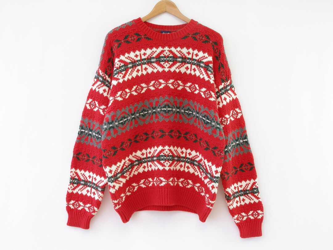 Vintage 90s Red Fair Isle Knit Sweater by GAP | 100% Cotton Oversized ...