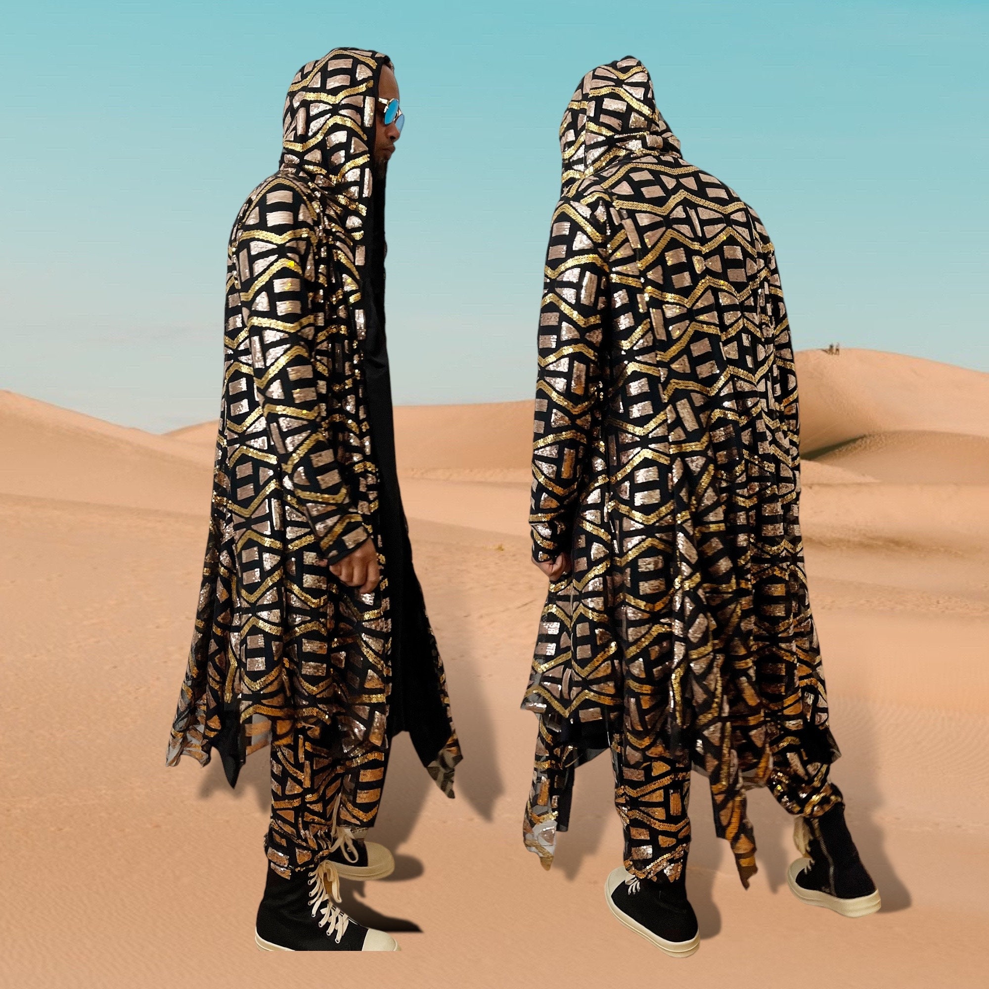 Aztec/tribal Gold Sequin Hood Kimono Cloak Cardigan Hankercheif Swing ...