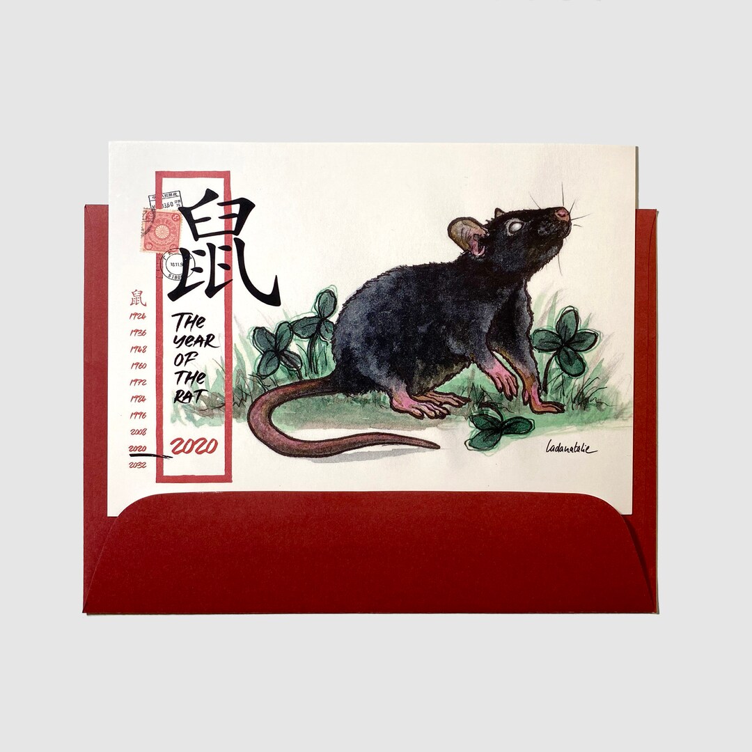 Rat Postcard "2020 - the Year of the Rat" DINA6 With Burgundy Envelope ...