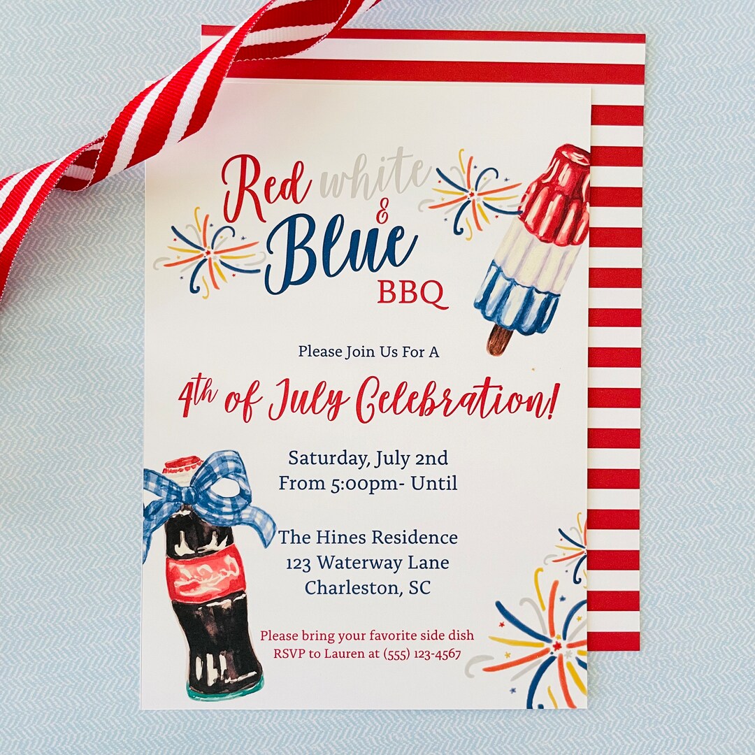 Watercolor Red White & Blue BBQ Invitation - Etsy