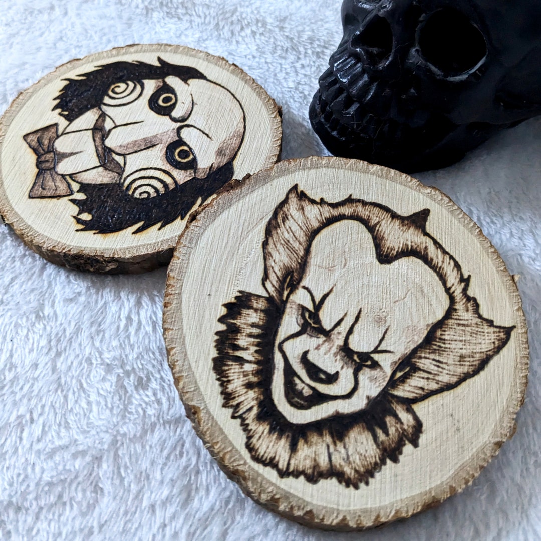 Hand-burnt Pyrography Horror Coasters, Horror Gift, Wooden, Wood Burn ...