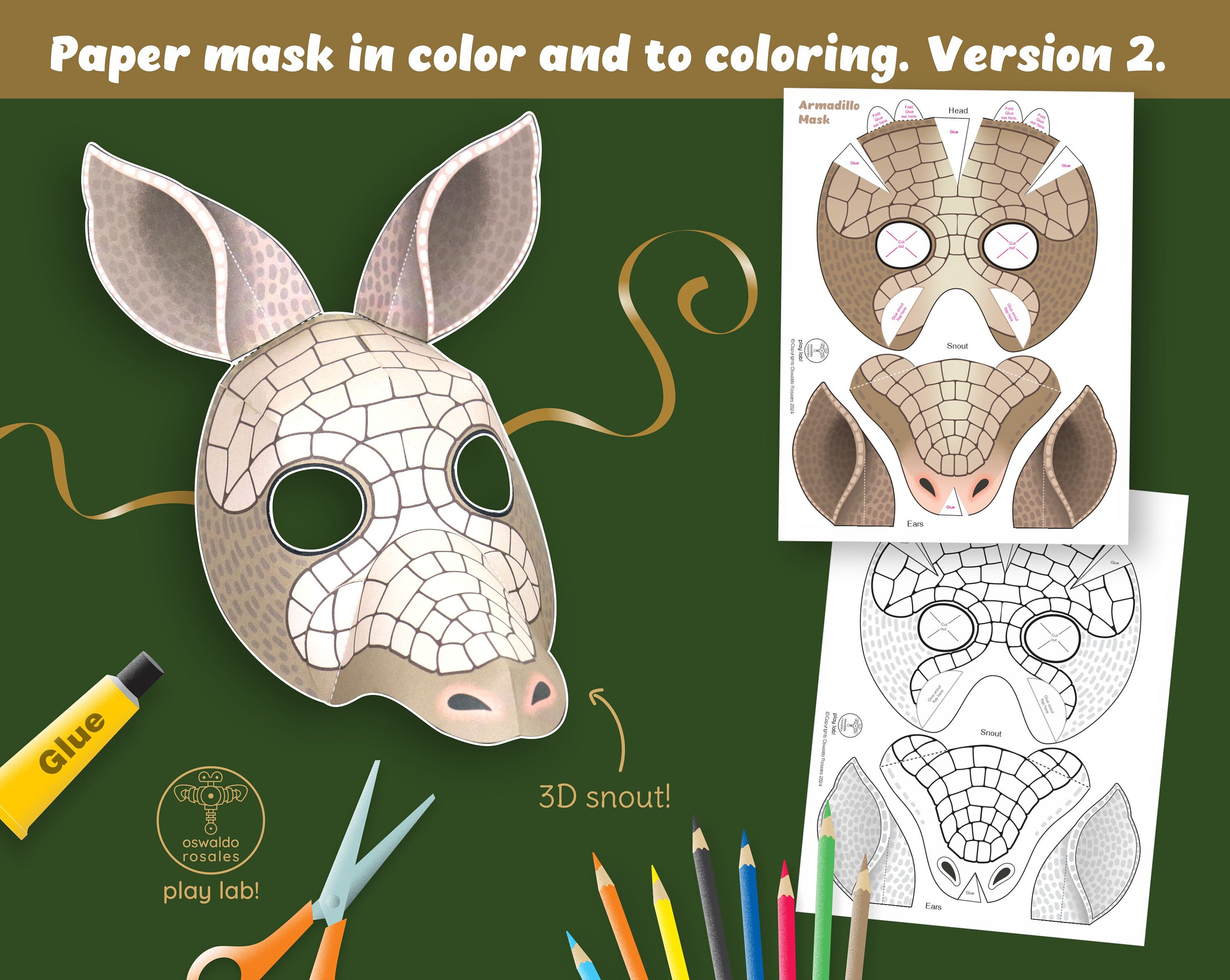 Armadillo, Paper Mask, North American Animal, Printable, Paper Craft ...