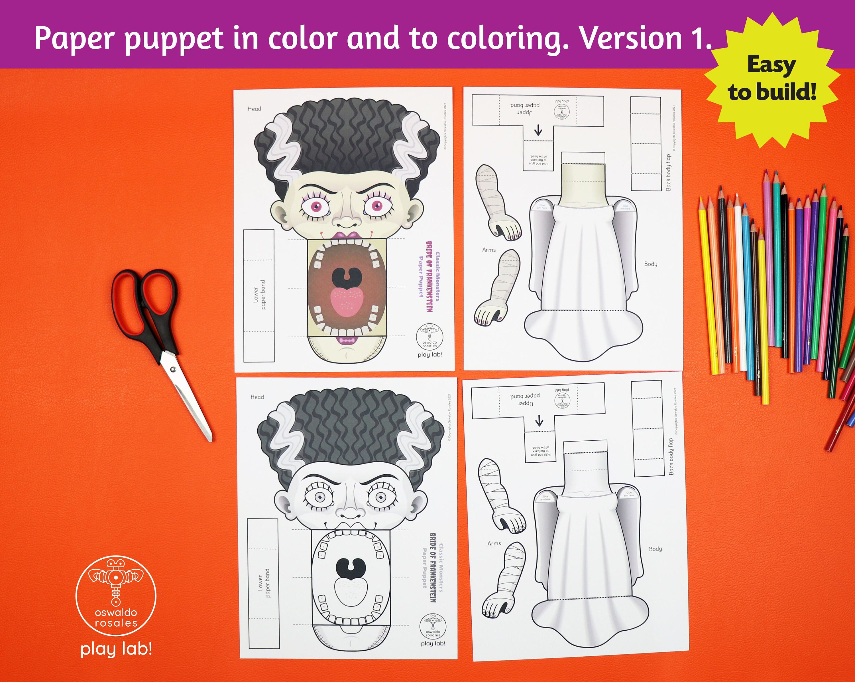 Bride of Frankenstein, Paper Puppet, Halloween, Holiday, Printable ...