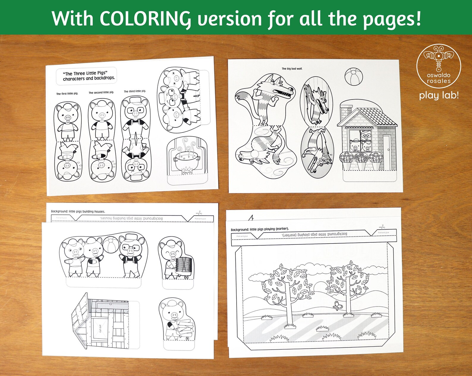 Paper Puppets Set, Three Little Pigs, Fairy Tale, Printable, Coloring ...