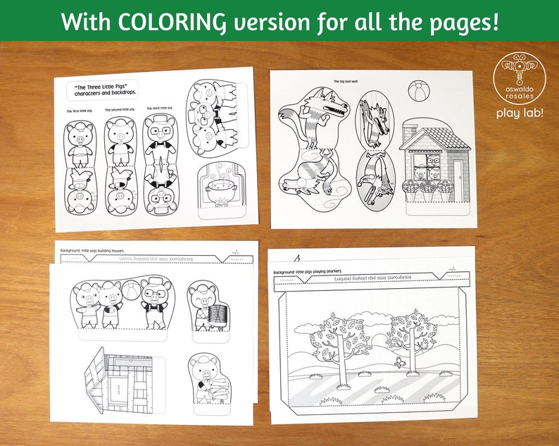 Paper Puppets Set, Three Little Pigs, Fairy Tale, Printable, Coloring ...