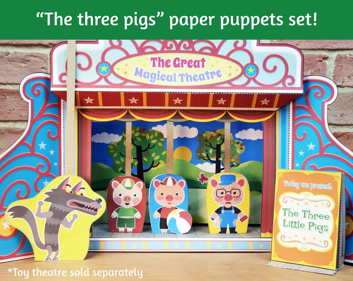 Paper Puppets Set, Three Little Pigs, Fairy Tale, Printable, Coloring ...