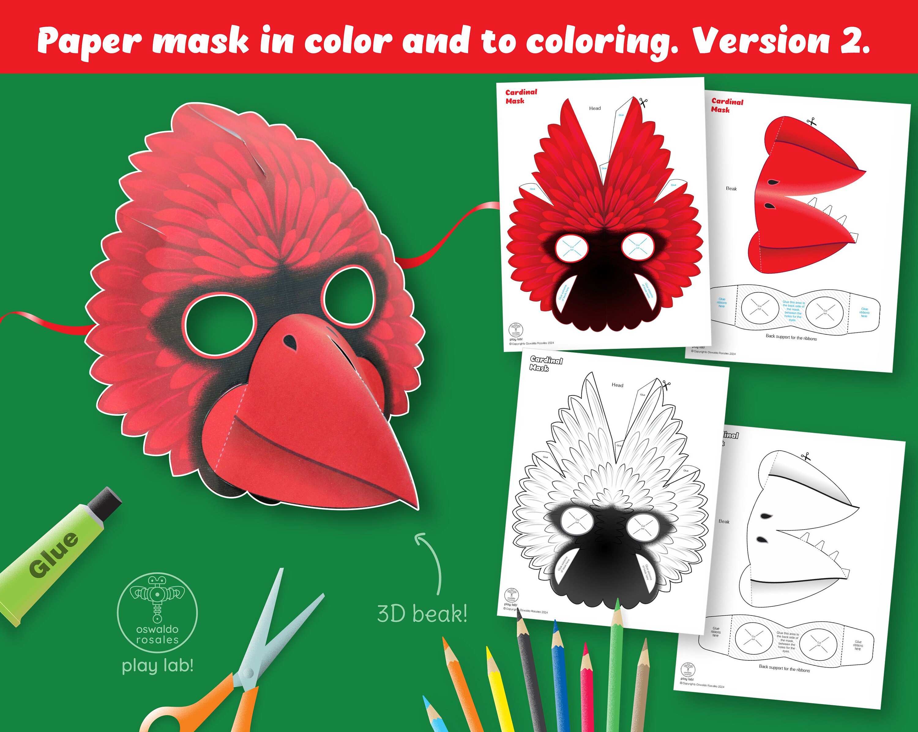 Cardinal, Paper Mask, North American Animal, Printable, Paper Craft ...