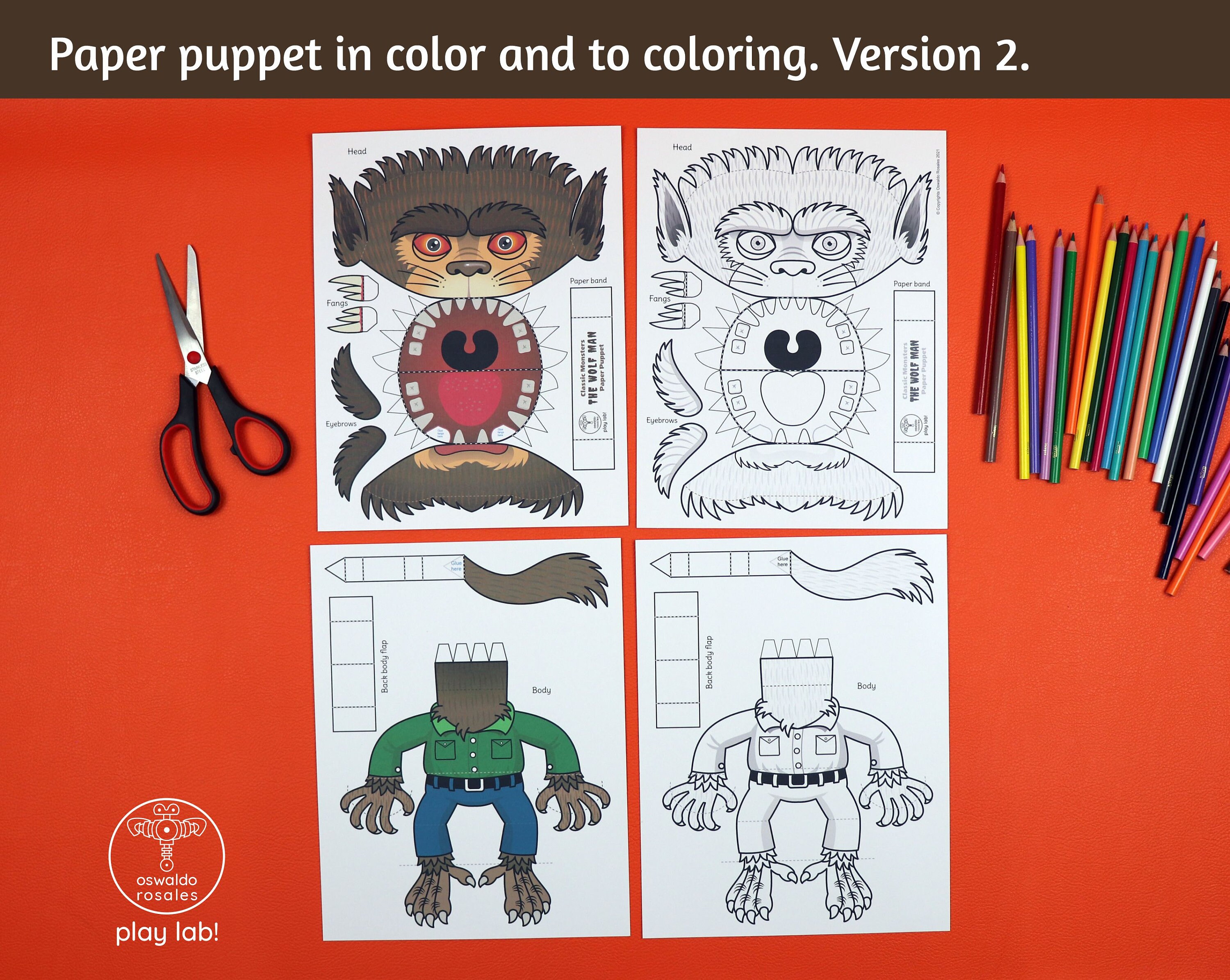 The Wolf Man, Paper Puppet, Halloween, Holiday, Printable, Papercraft ...