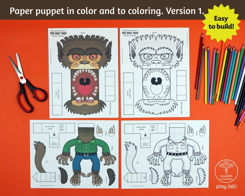 The Wolf Man, Paper Puppet, Halloween, Holiday, Printable, Papercraft ...