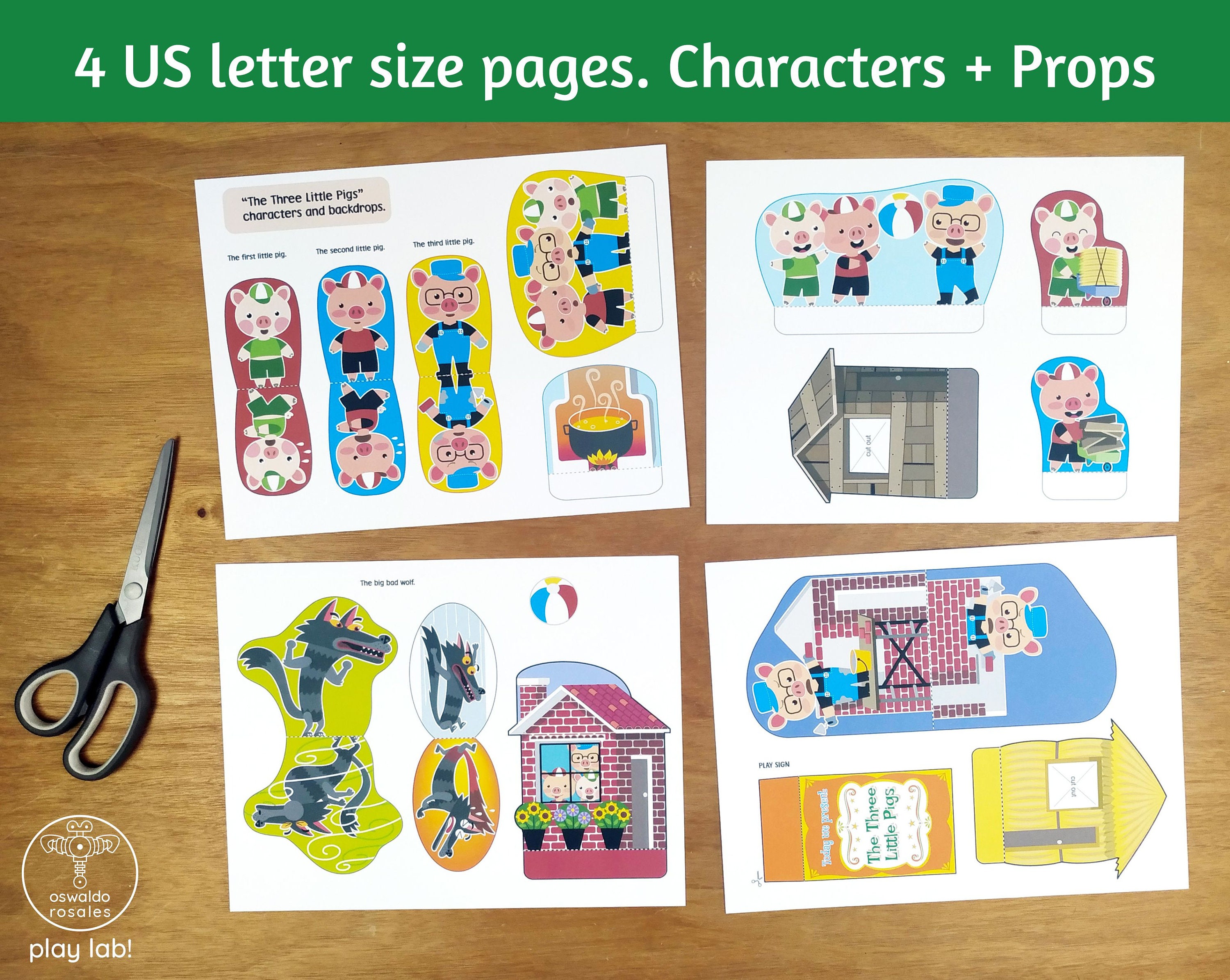 Paper Puppets Set, Three Little Pigs, Fairy Tale, Printable, Coloring ...