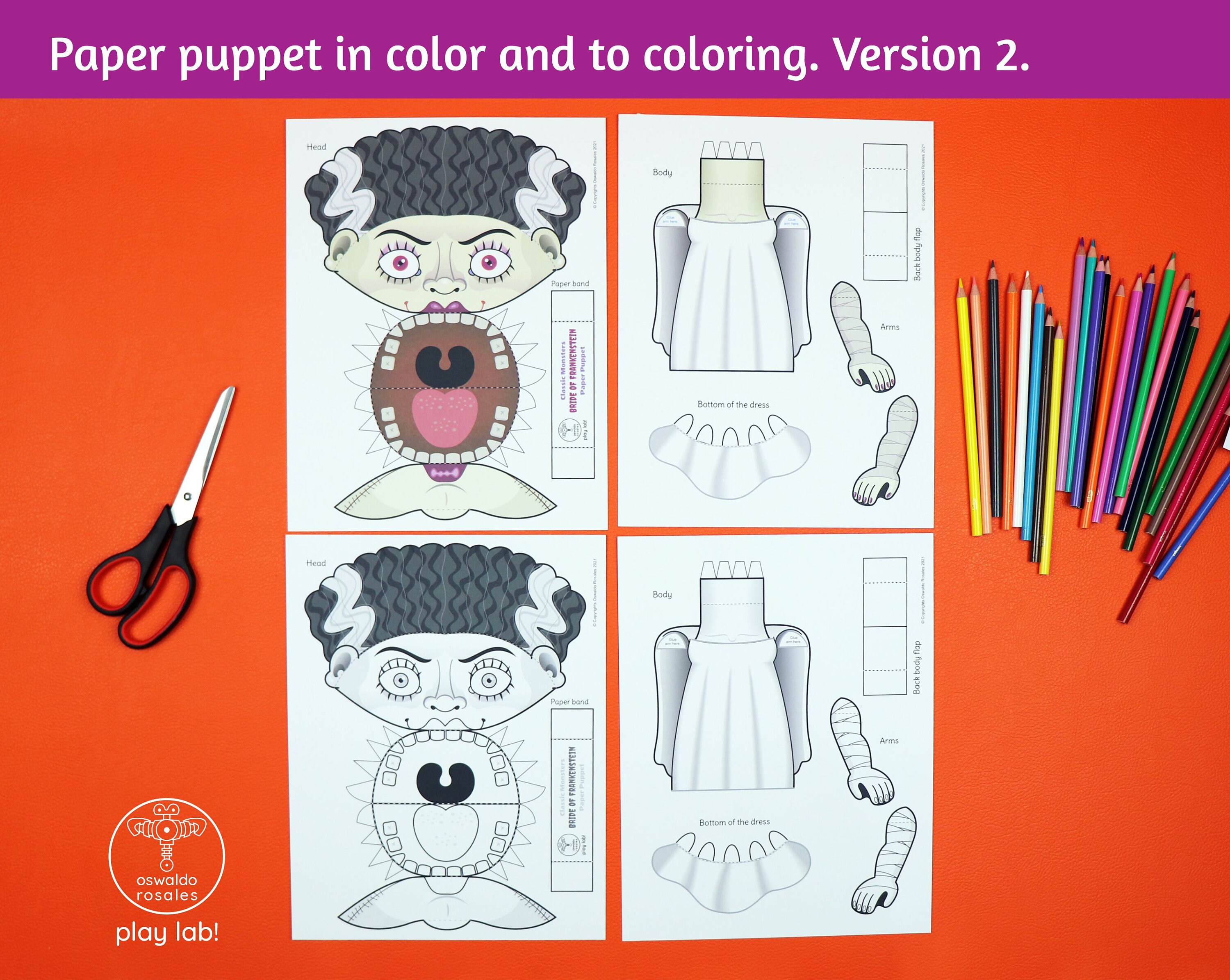 Bride of Frankenstein, Paper Puppet, Halloween, Holiday, Printable ...