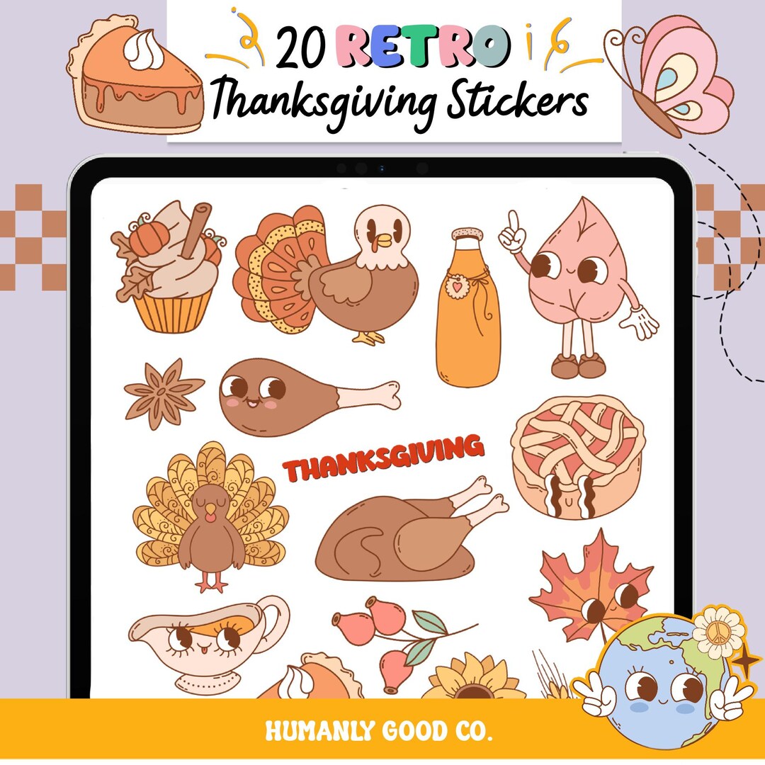 Retro Thanksgiving Digital Sticker Groovy Pre-cropped Goodnotes Cute ...