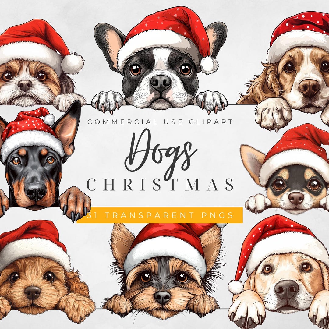 Cute Dog Breeds in Christmas Hats Clipart PNG | Little Peeking Peekaboo ...