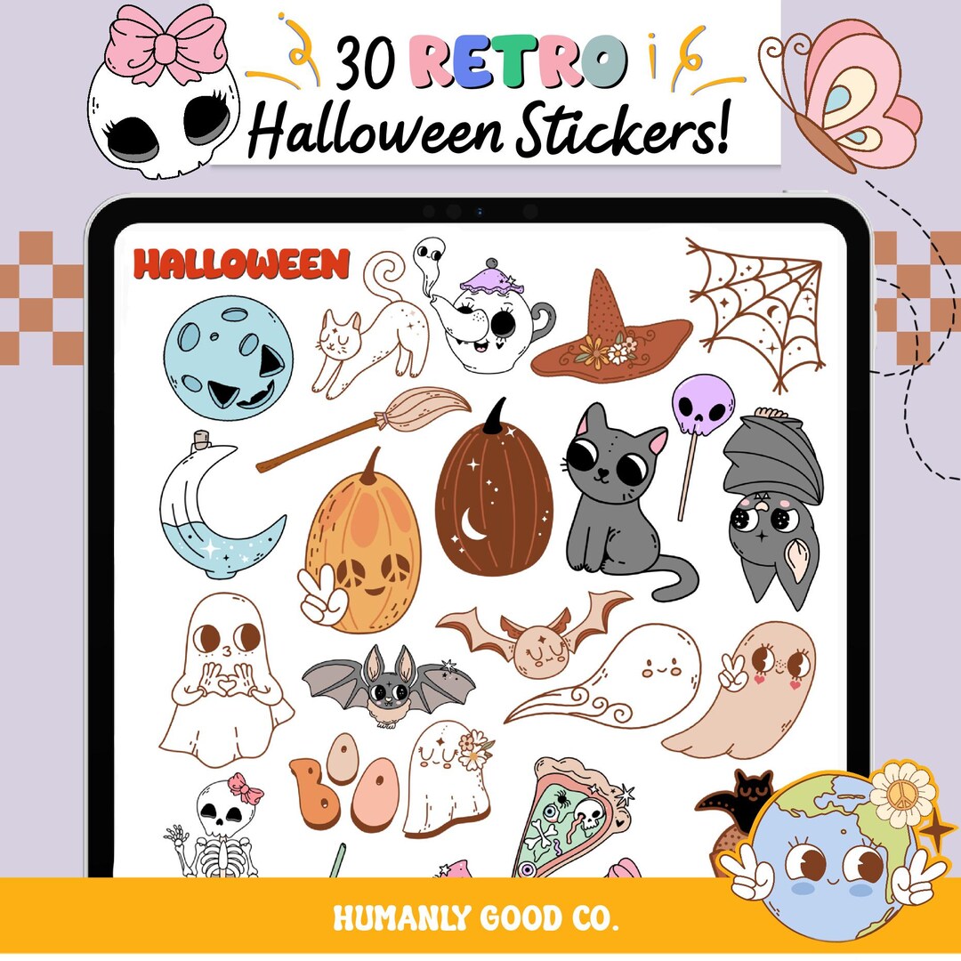 Retro Halloween Digital Sticker Groovy Pre-cropped Goodnotes Spooky ...