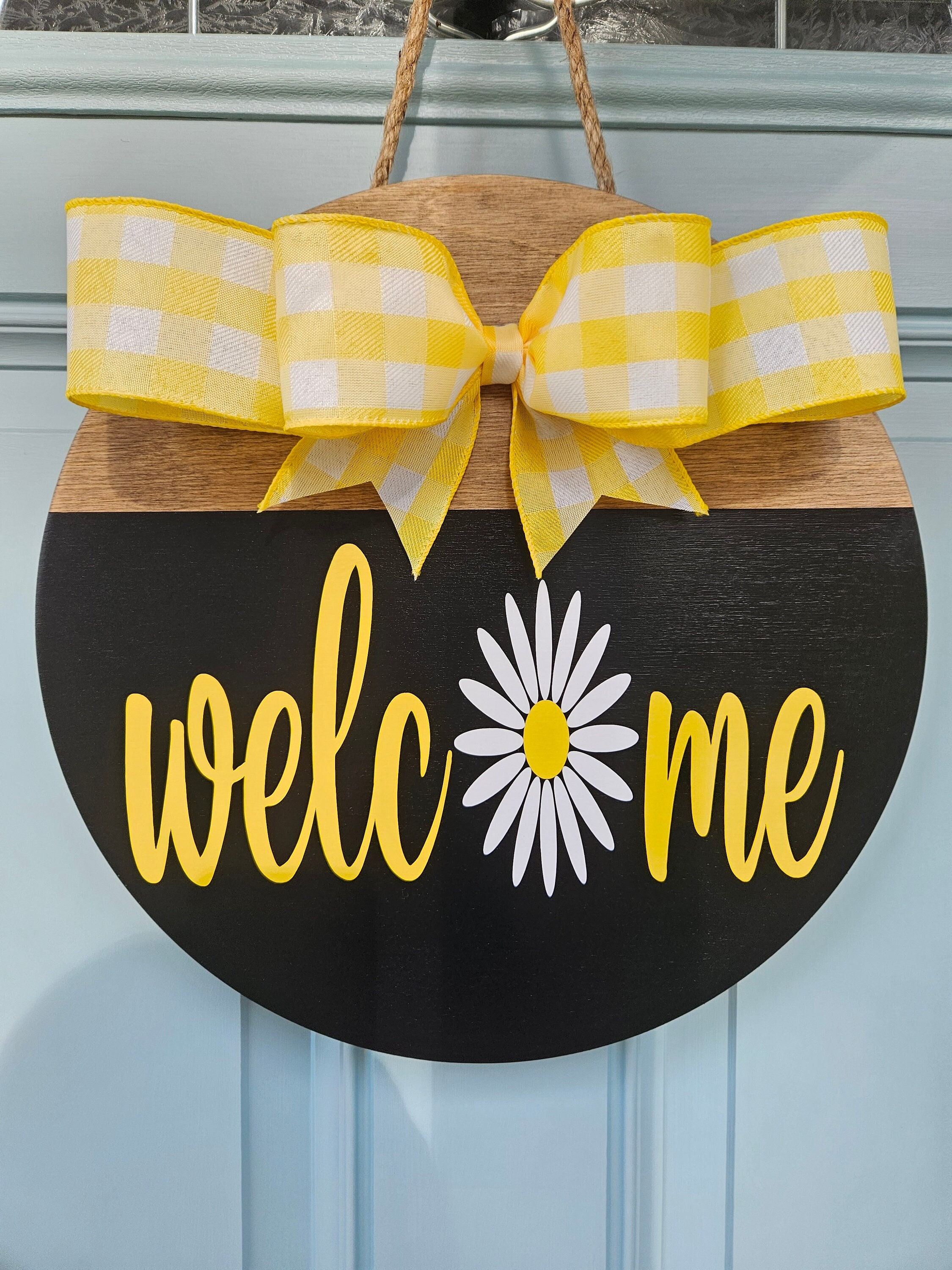 Daisy Welcome Sign | Summer Front Door Decor, Yellow Gingham Bow - Etsy