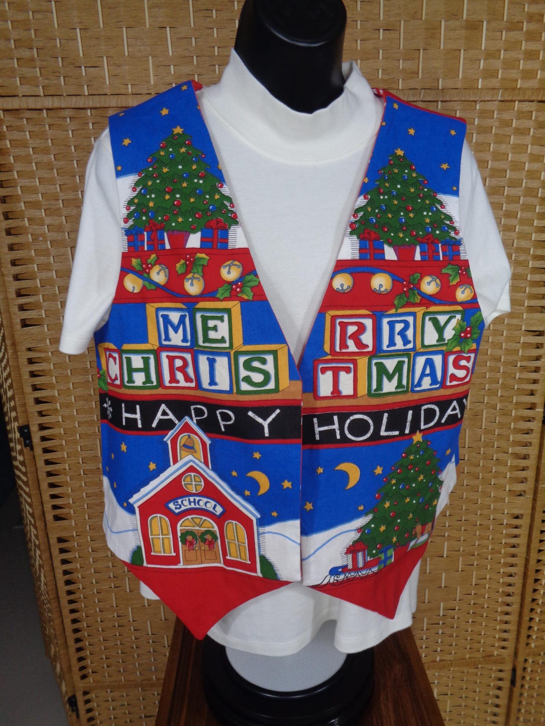 Merry Christmas Blocks Holiday Vest Women's Top Shirt Colorful Festive ...