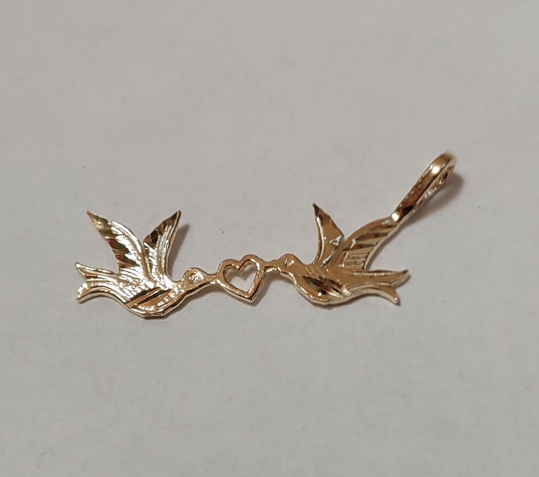 New 14k Yellow Gold Flying Birds With Heart Charm Pendant - Etsy