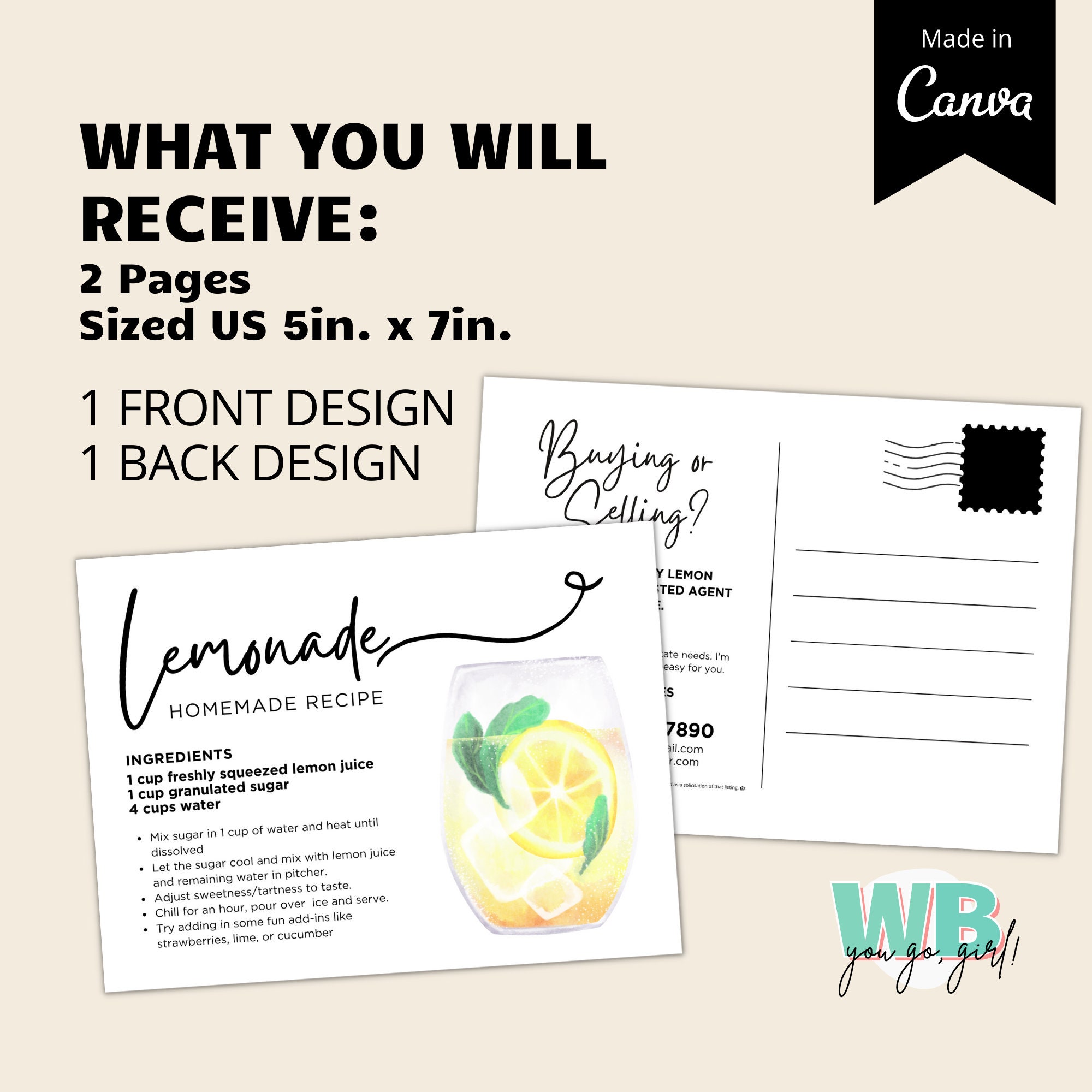 Real Estate Lemonade Recipe Post Card, Summer Drink Recipe Card ...