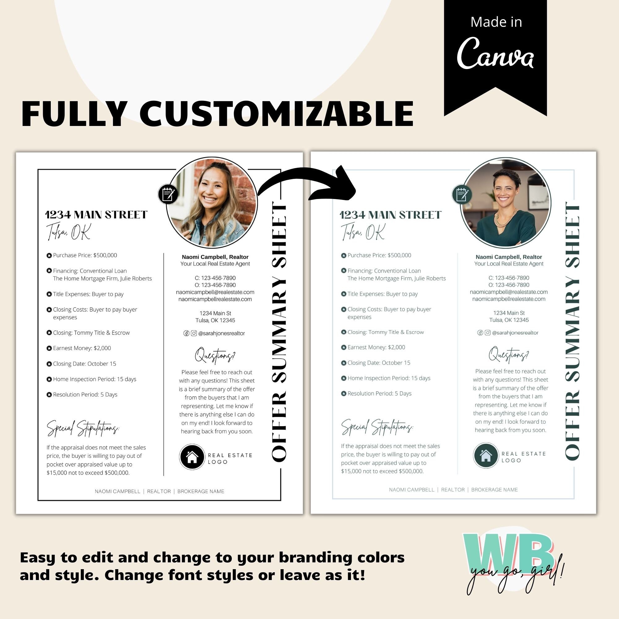 Offer Summary Cover Sheet, Modern Real Estate Sheet Template, Multiple ...