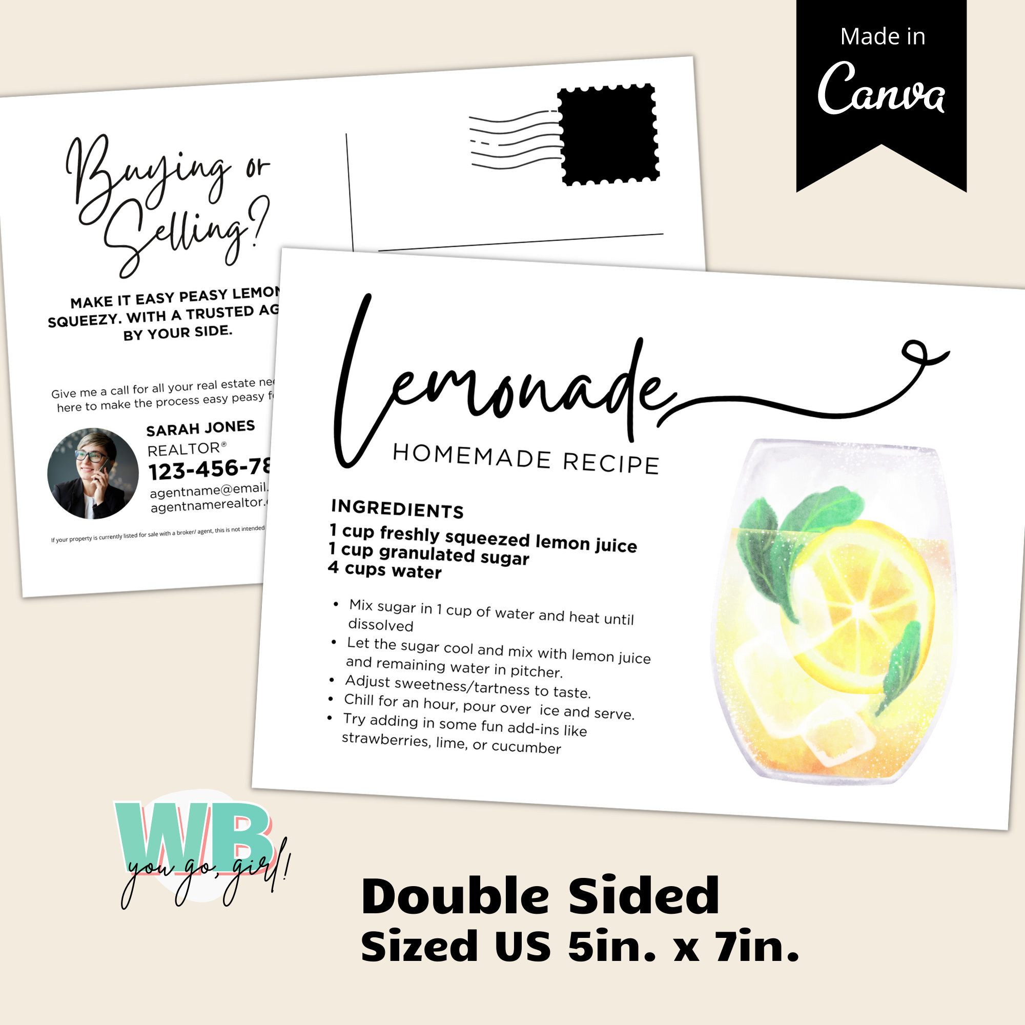 Real Estate Lemonade Recipe Post Card, Summer Drink Recipe Card ...