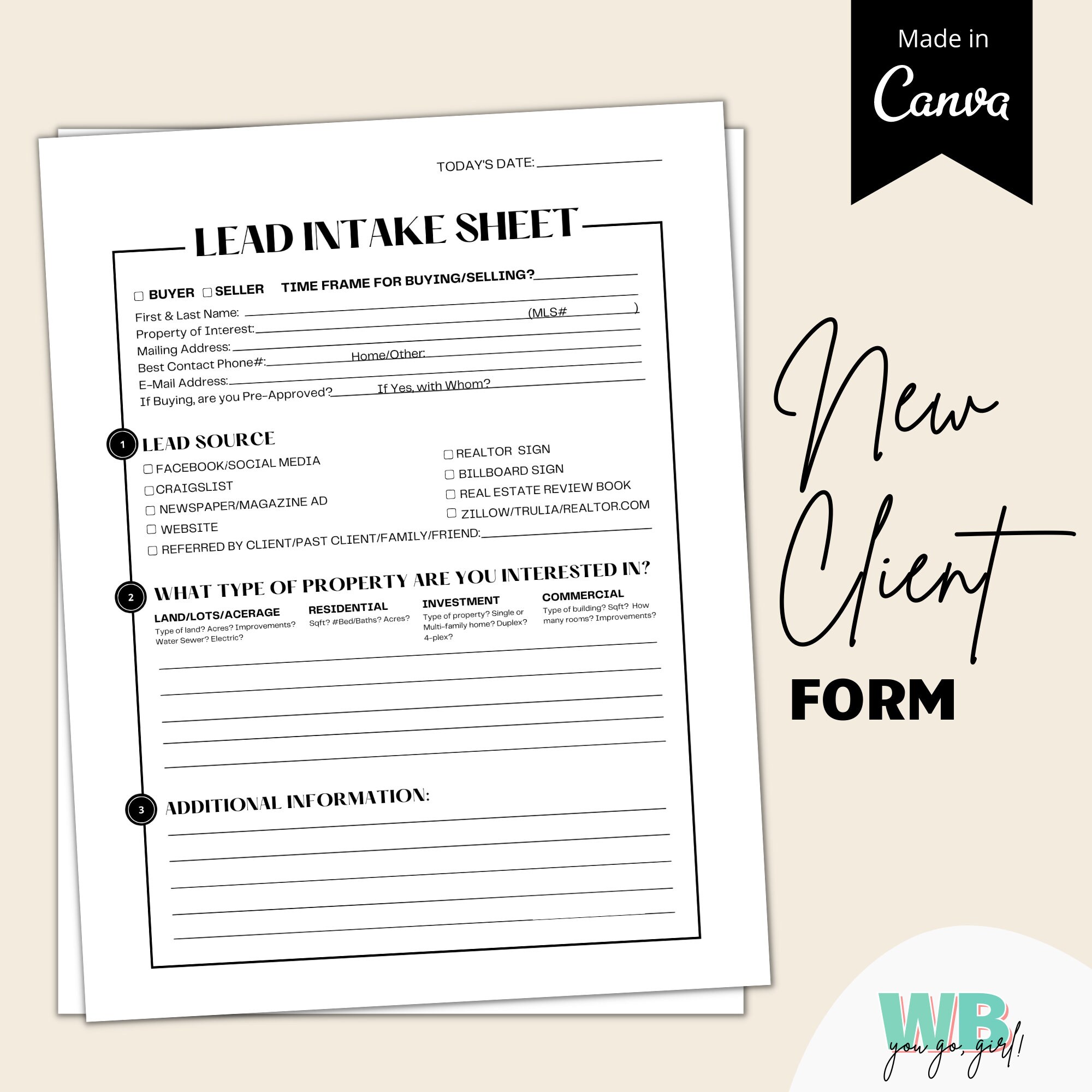 Lead Intake Sheet, Lead Form, Lead Tracking Forms, Real Estate Agent ...